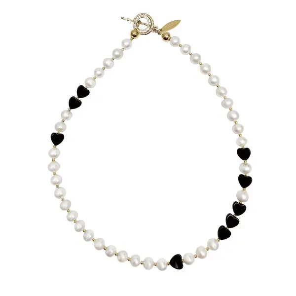 FARRA Freshwater Pearls With Heart Shaped Obsidian Choker Necklace - Black