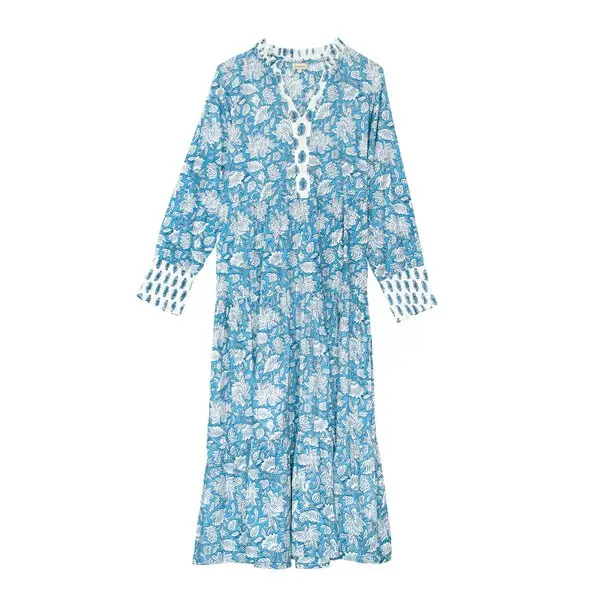 INARA Indian Cotton Summer Dress China Paisley - Blue