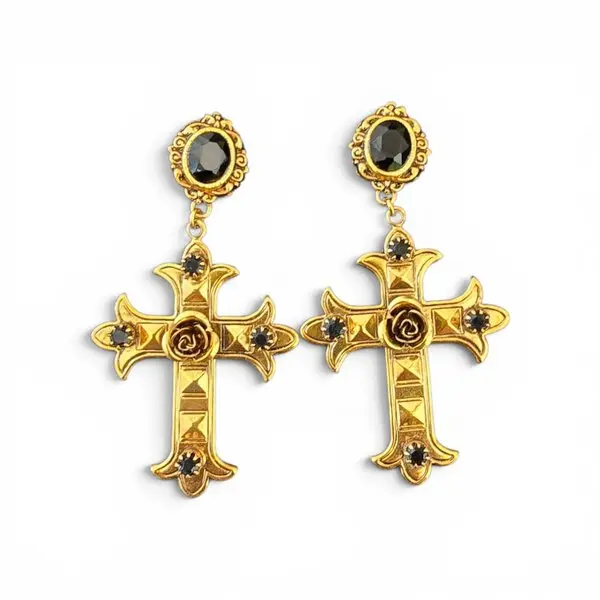 VSTYLE Gold / Black Sacred Rose Cross Earrings - Gold/black