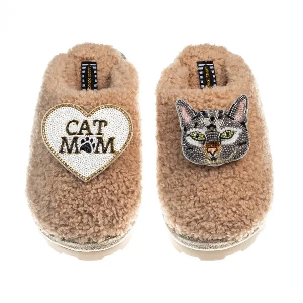 LAINES LONDON Teddy Closed Toe Slippers With Pebbles The Grey Shorthair Cat & Cat Mum / Mom Brooches Toffee - Brown