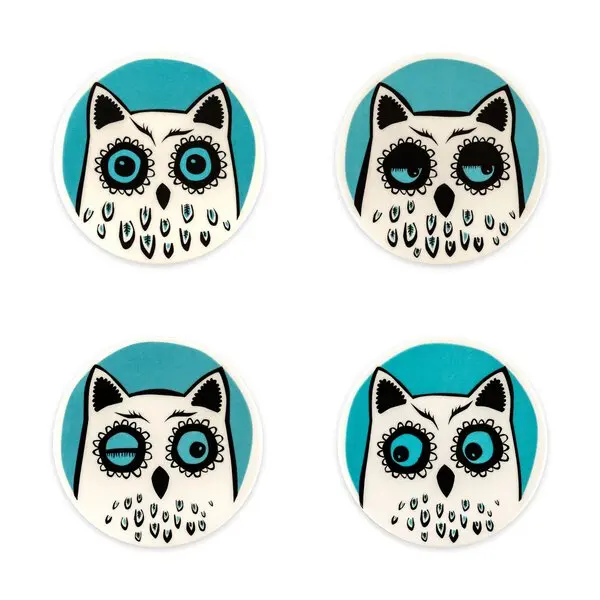 Hannah Turner White / Blue Owl Coaster Set Of Four - White/blue