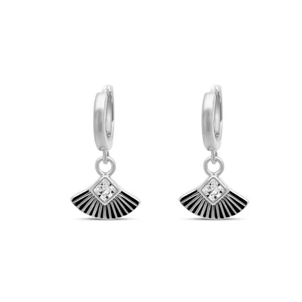 CLEMENCE WREN Art Deco Gemstone Fan Charm Huggie Earrings - Silver