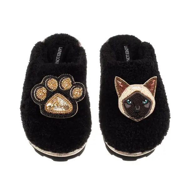 LAINES LONDON Teddy Closed Toe Slippers With Paw & Siamese Cat Brooches - Black