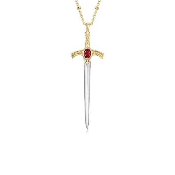 AZURA JEWELRY NEW YORK Oathblade Red Garnet Sword Necklace Yellow Vermeil - Gold