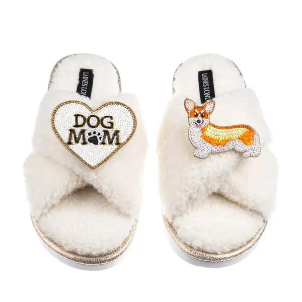 LAINES LONDON Neutrals / Boucle Slippers With Dog Mum/mom & Peach The Corgi Brooches Cream - White