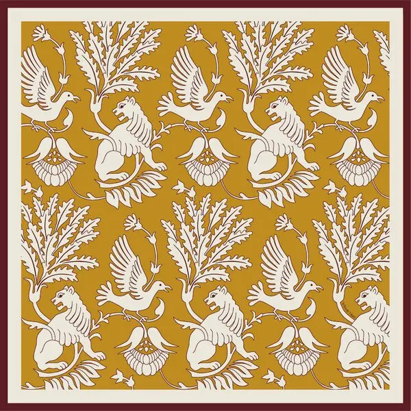 ARTEMIS MUSE White / Red Regal Doves & Lions Wine & Mustard Luxury Silk Scarf - White/red