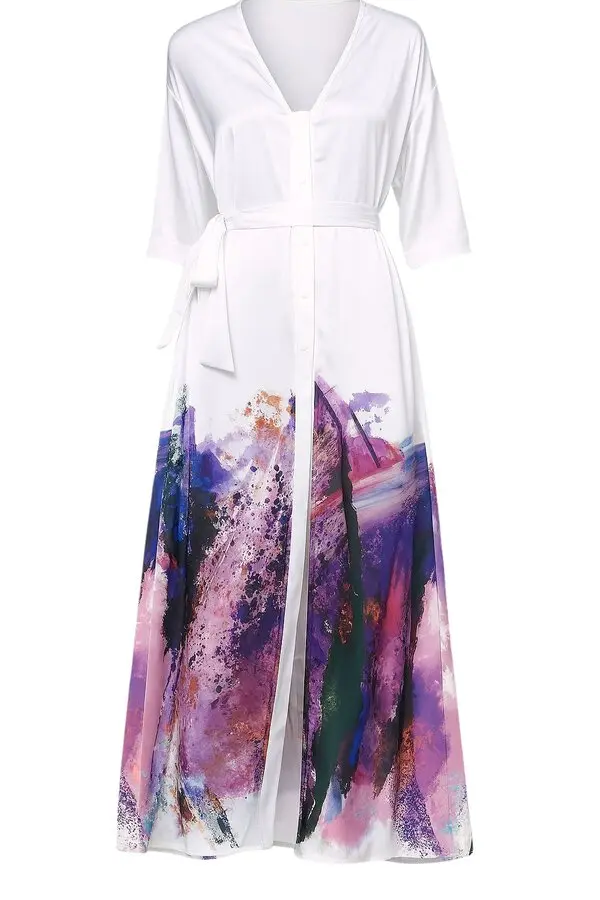 ZAFUR Santorini Dress In Brushstroke Print On Snow - White