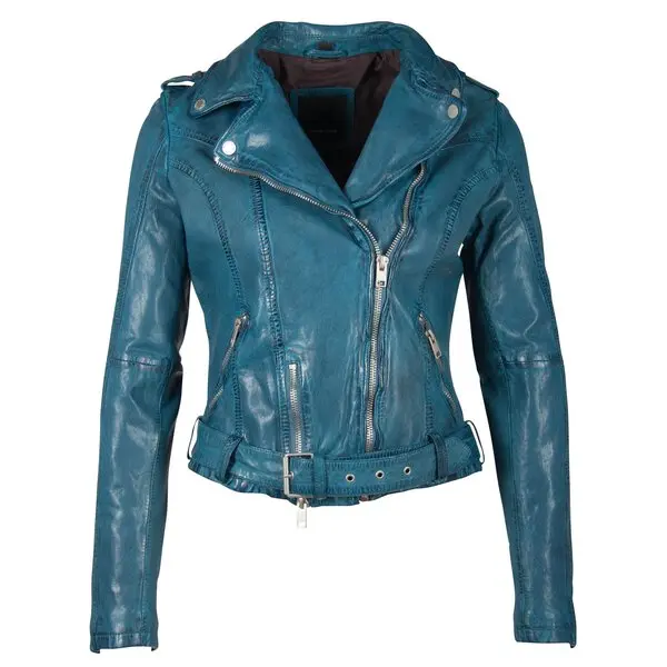 Mauritius Belted Slim Fit Leather Jacket Wild Teal - Blue