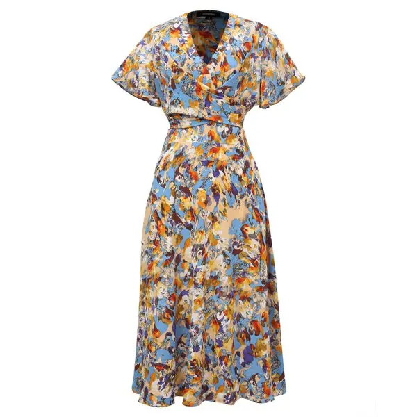 SMART AND JOY Wrap Midi Abstract Print Midi Dress Yellow - Blue