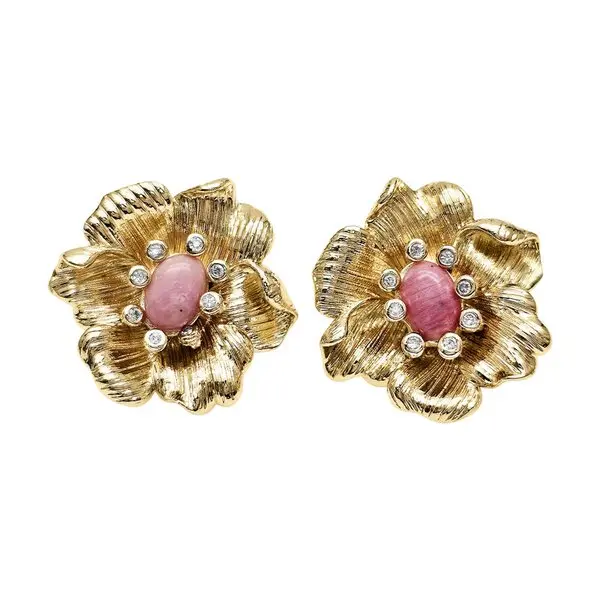 FARRA Rhodonite Stone Flower Setting Statet Stud Earrings - Pink