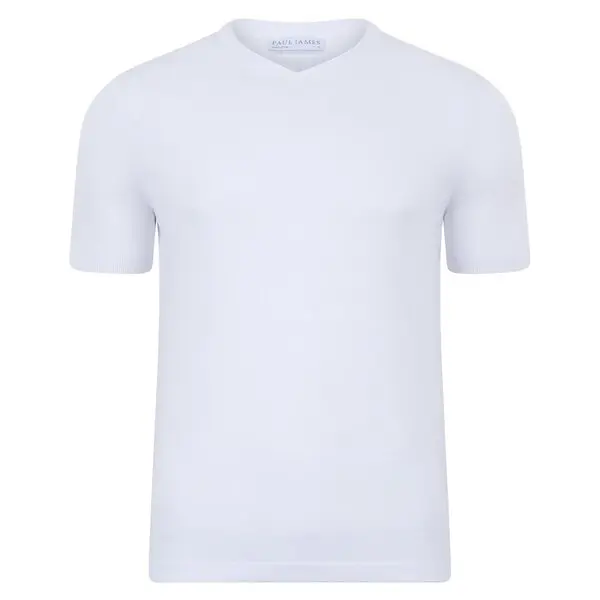 PAUL JAMES KNITWEAR Ultra Fine Cotton Hudsonn High V Neck Knitted T-shirt - White
