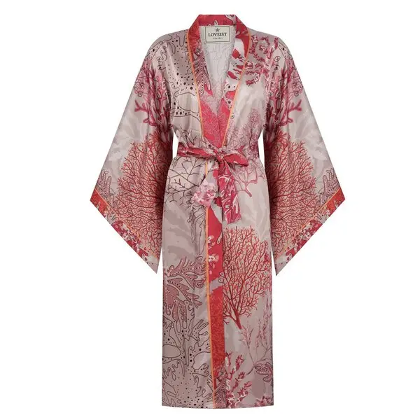 Loveist Store Coral Print Silky Satin Kimono - Red