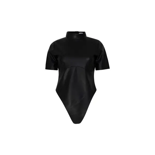 CIRCULAR PATH High Neck Vegan Leather Bodysuit - Black