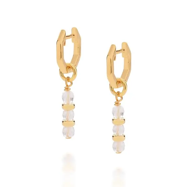 NELLOU JEWELLERY Neutrals / Linear Huggie Birthstone Earrings April Plated Sterling Silver Crystal - Gold