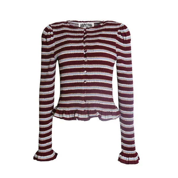 AMY LYNN Agyness Smocked Viscose Cotton Jersey Knitted Stripe Cardigan - Brown