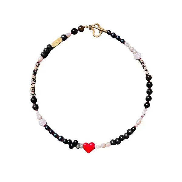 DESERT LOBBY Beaded Heart Necklace With Cupid's Arrow Clasp - Red/white/black