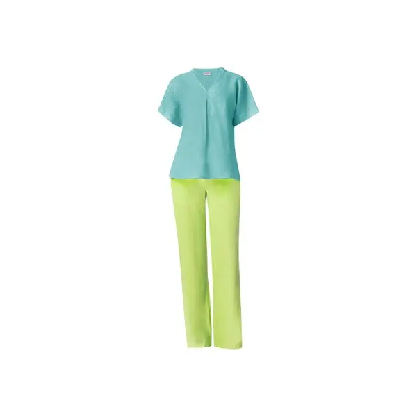 Haris Cotton Short Sleeved Linen Shirt With Front Pleat And V Neck Crystal - Blue