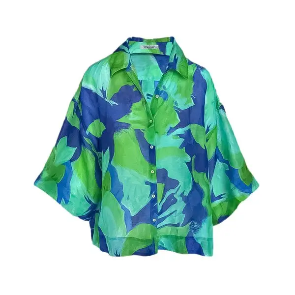 Haris Cotton Blue / Green Loose Fit Printed Linen Blend Shirt Blue Lagoon - Blue/green
