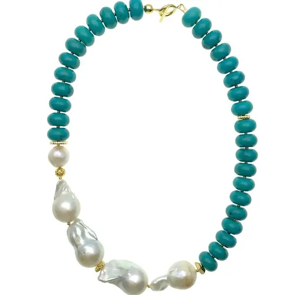 FARRA Turquoise With Baroque & Edison Pearls Short Necklace