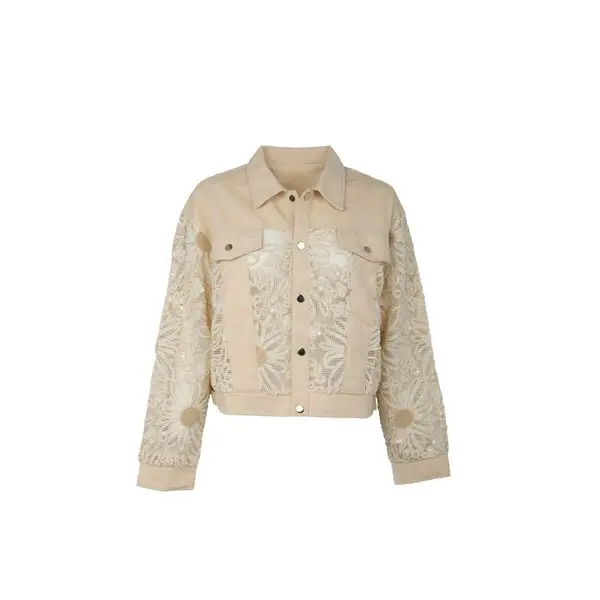 Saachi Denim Sequin Soft Lace Cream Jacket - White