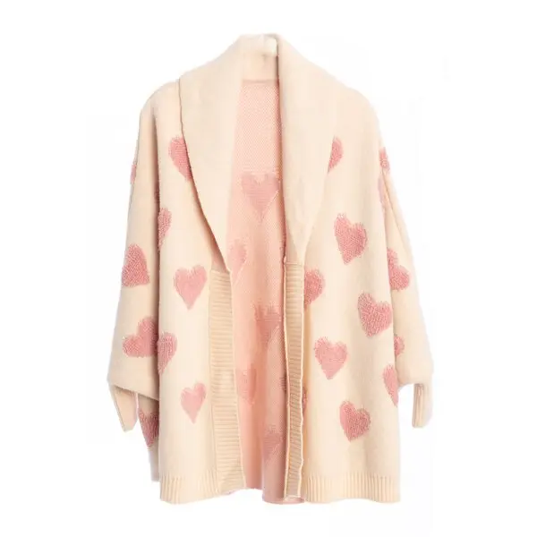 Saachi Heart Ribbed Knit Seashell Cardigan - Pink