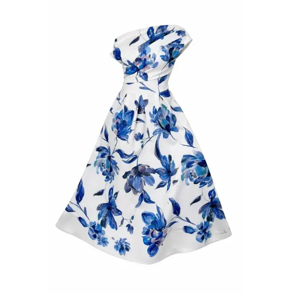 GIRL IN MIND Betty Asymmetric Floral Print Midi Dress Blue - White