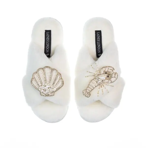 LAINES LONDON Classic Laines Slippers With Pearl Beaded Lobster & Shell Brooches Cream - White