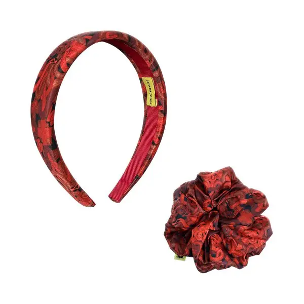 JANARA JONES Snakeskin Print Satin Headband And Scrunchie Set - Red