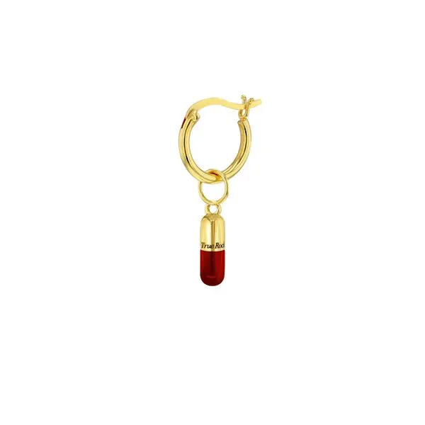 TRUE ROCKS Gold / Red 18kt Gold Plated & Red Mini Pill Charm On Gold Plated Hoop - Gold/red