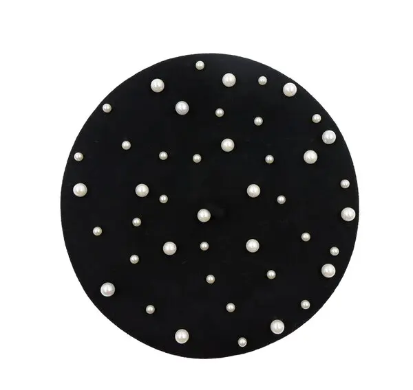 MISS CICCONI Black / White Taylor Black Wool Beret Hat Embellished White Pearls Adult Size - Black/white