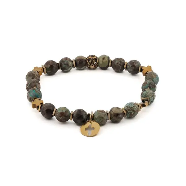 EBRU JEWELRY Brown / Silver / Gold African Turquoise Gold Cross Charm Beaded Bracelet Brown - Brown/silver/gold