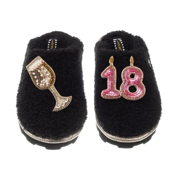 LAINES LONDON Teddy Closed Toe Slippers With 18th Birthday & Champagne Glass Brooches - Black