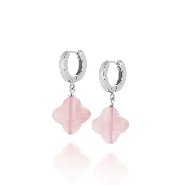 NELLOU JEWELLERY Clover Gem Hoop Earrings Rose Quartz Sterling Silver - Pink