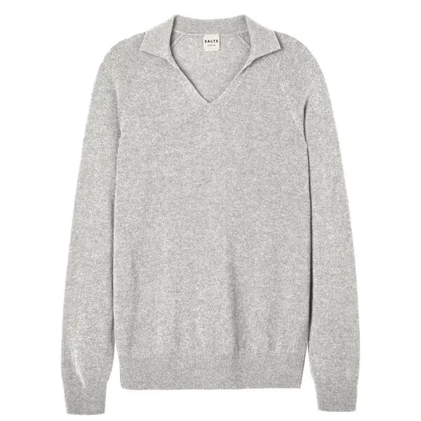 SALTS CASHMERE Split Neck Polo Sweater Marl - Grey