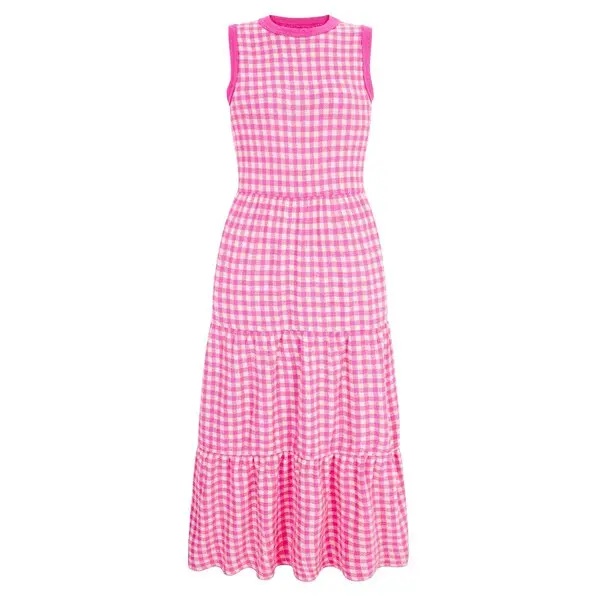 CARA & THE SKY Paula Gingham Cotton Knitted Midi Summer Dress Hot - Pink