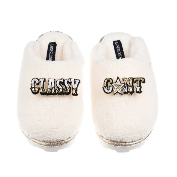 LAINES LONDON Neutrals / Teddy Closed Toe Slippers With Classy Cunt Brooches Cream - White