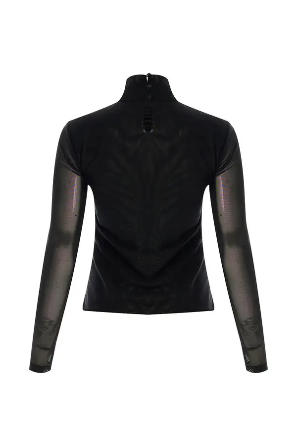 EXQUISE Black / Brown Drew Draped Mesh Turtleneck Blouse Black - Black/brown