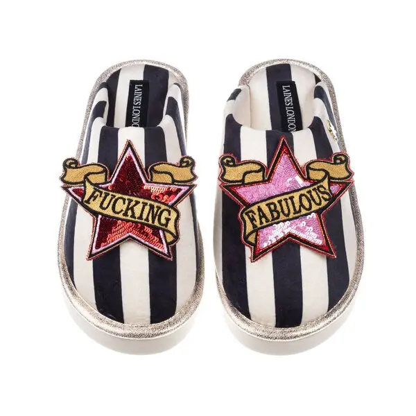 LAINES LONDON Black / White Flatform Stripe Closed Toe Slippers With Red & Pink Fucking Fabulous Brooches Black & White - Black/white