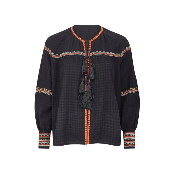 RAFFYA Shilo Embroidered Collarless Blouse - Black