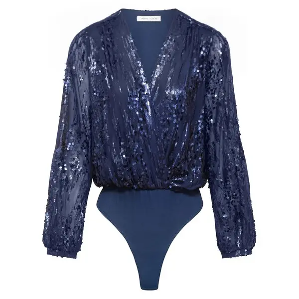 URBAN TOUCH Sequin Wrap Bodysuit With Long Sleeve Navy - Blue