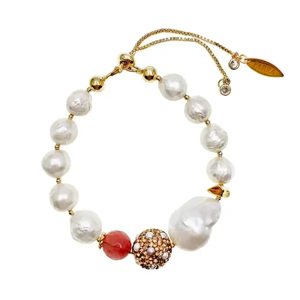 FARRA Freshwater Pearls With Watermelon & Rhinestone Bracelet - Yellow