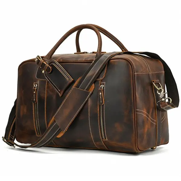 TOURI Genuine Leather Over Night Weekender Bag - Brown