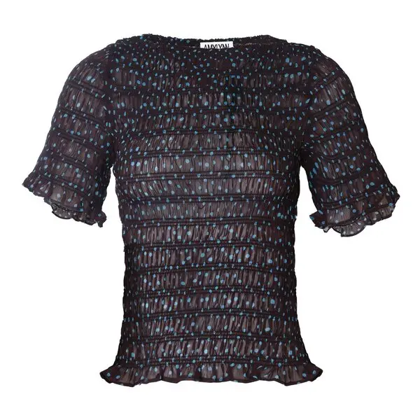 AMY LYNN Blue / Brown / Red Kitty Polka Dot Chiffon Smocked Frill Sleeve Top - Blue/brown/red