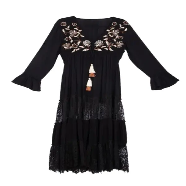 Saachi Floral Lace Tiered Kaftan - Black
