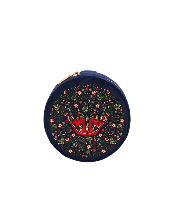 FABLE ENGLAND Navy Butterfly Velvet Embroidered Circle Jewellery Box - Blue