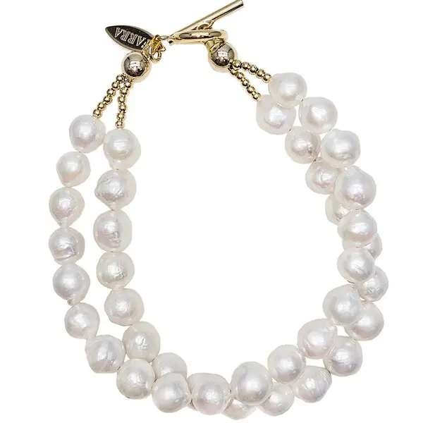 FARRA High Luster Freshwater Pearls Double Layers Bracelet - White