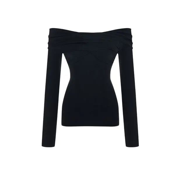 PCFG The Party Edit Rib Draped Long Sleeve Top - Black