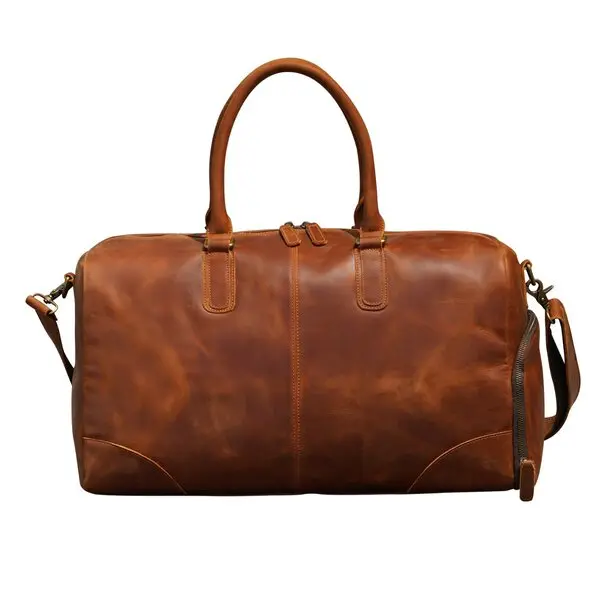 TOURI Genuine Leather Gym Bag With Shoe Storage Light - Brown