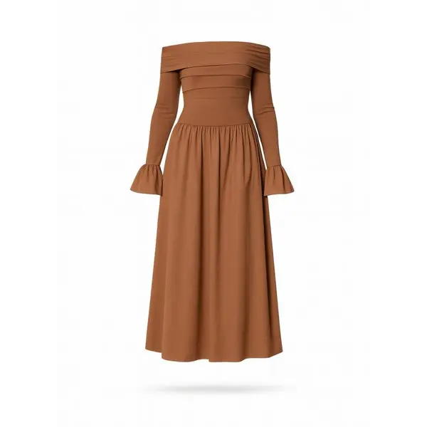 MODISTA THIRTY-ONE Winter Off-shoulder Mocha Drop Waist Midi Puff Dress - Brown