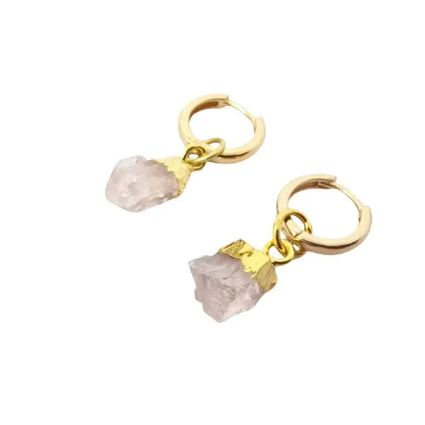 HARFI Raw Rose Quartz October Birthstone Gold Plated Huggies - Orange